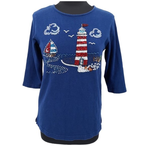 Vintage | Tops | Vtg 9s Quacker Factory Blue Beaded Nautical Lighthouse ...